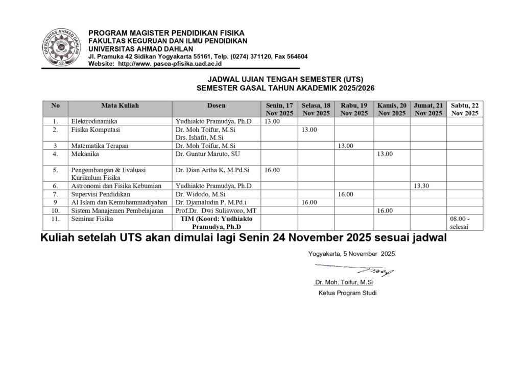 Jadwal UTS – S2 Pendidikan Fisika Universitas Ahmad Dahlan